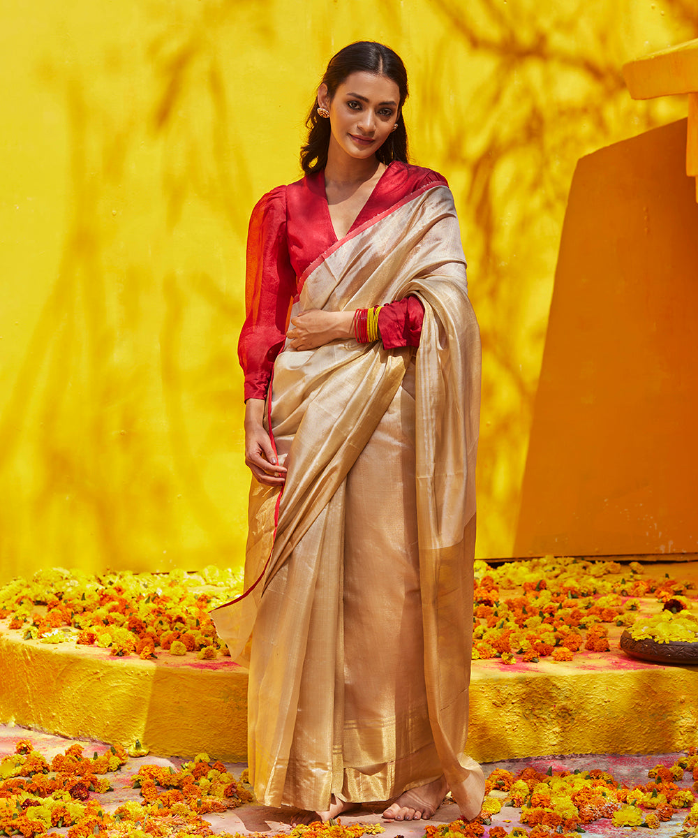 Handloom Beige Tissue Chanderi Saree With Golden Border And Red Selved ...