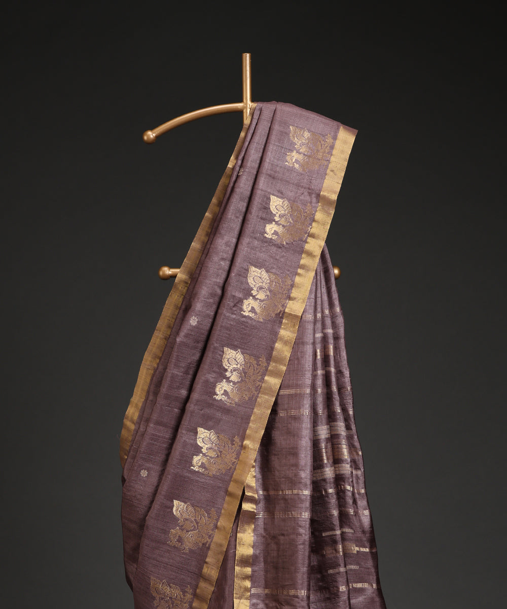Grape Handloom Kosa Silk Saree With Peacock Motif In Border – WeaverStory